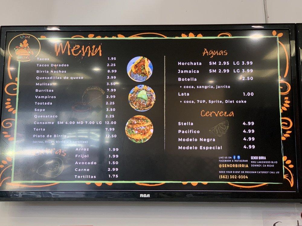 Carta del restaurante Señor Birria, Downey