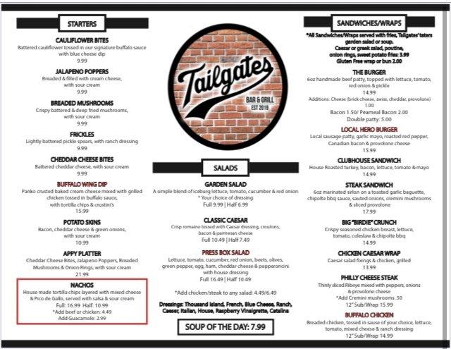 Menu at Tailgates Bar & Grill, Welland