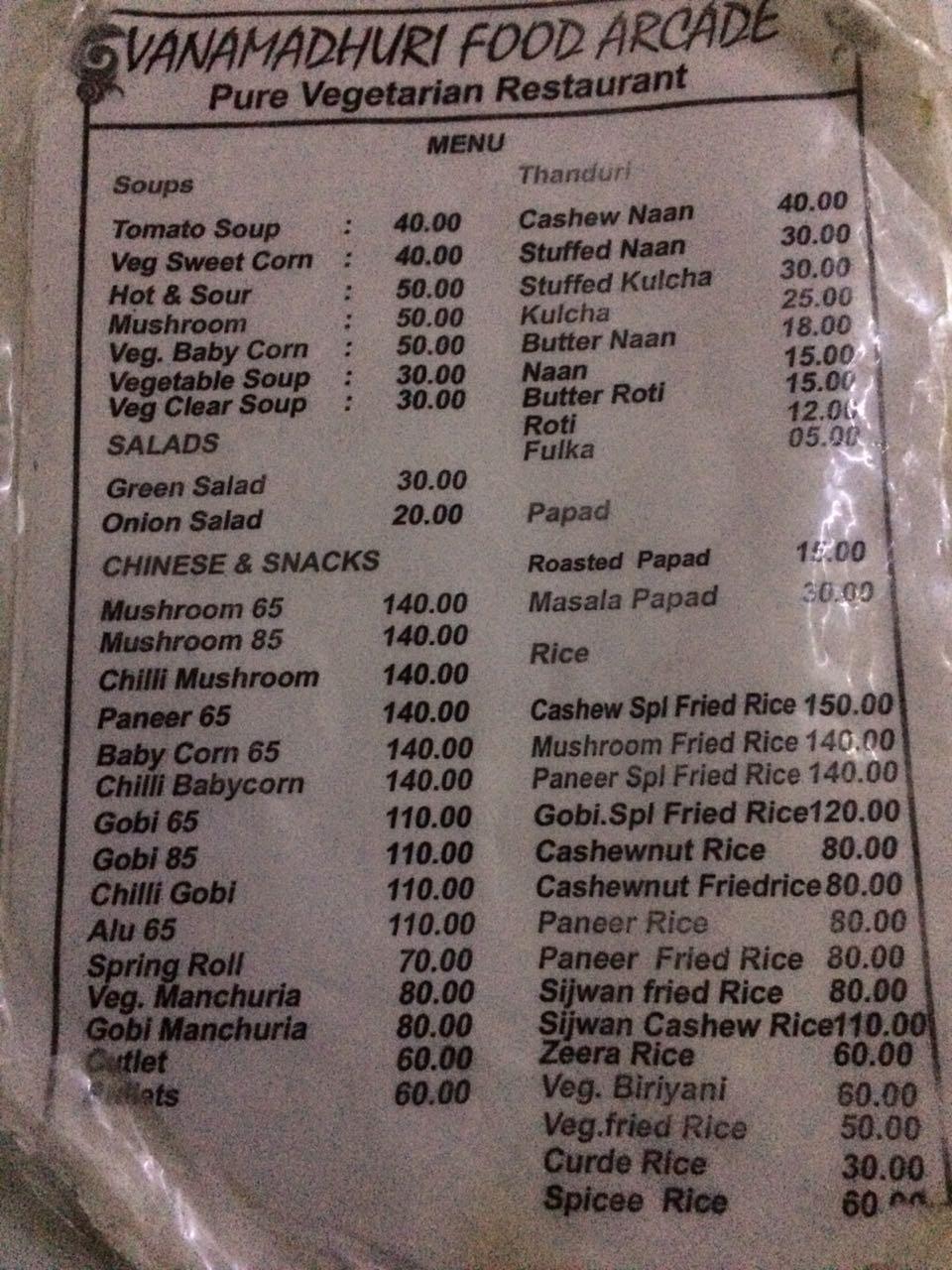 Menu at Vanamadhuri food arcade, Chirala