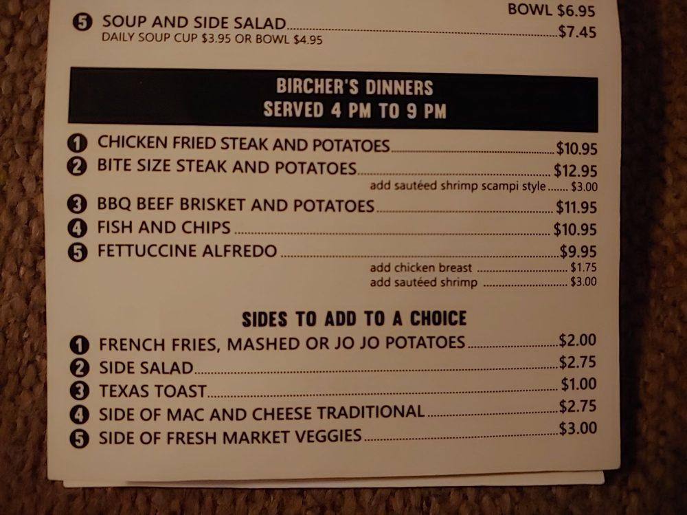 Menu at Bircher's Grill restaurant, Lewiston