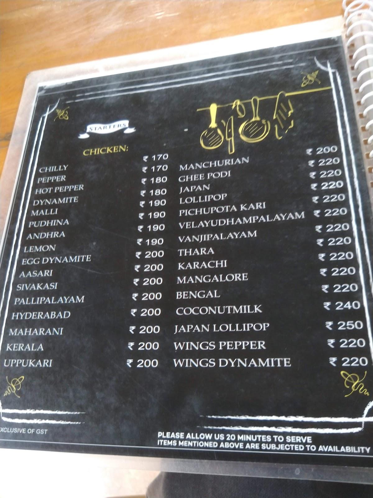 Menu at Four Monkeys Club, Avinashi