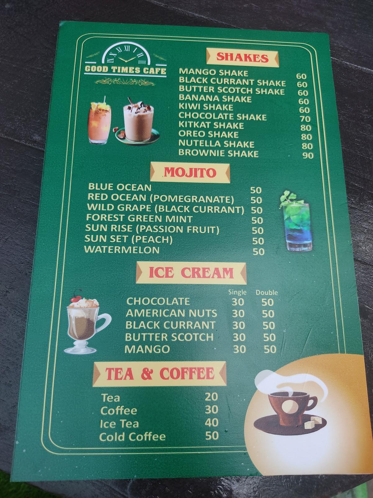 Menu at Good times cafe, New Delhi