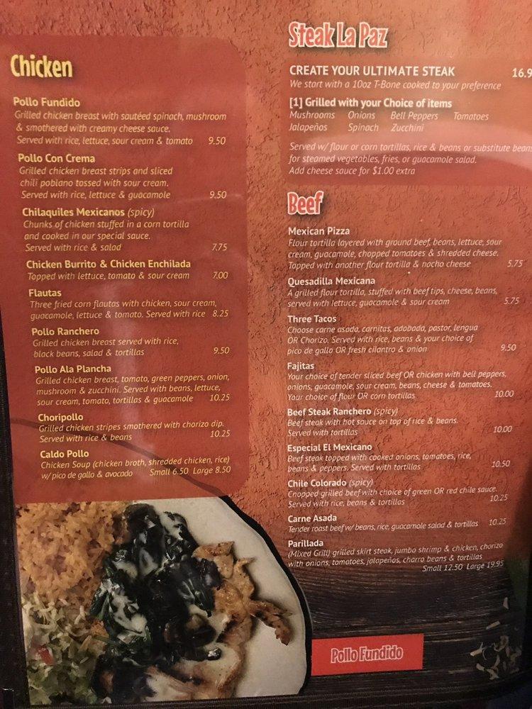 Menu at La Paz Mexican Restaurant & Grill, Boiling Springs