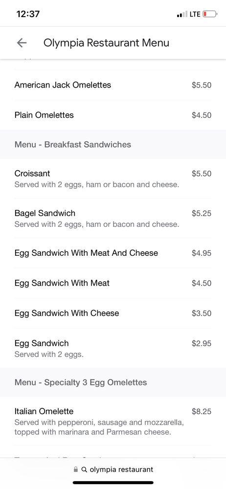 Menu at Olympia Restaurant, Port Charlotte