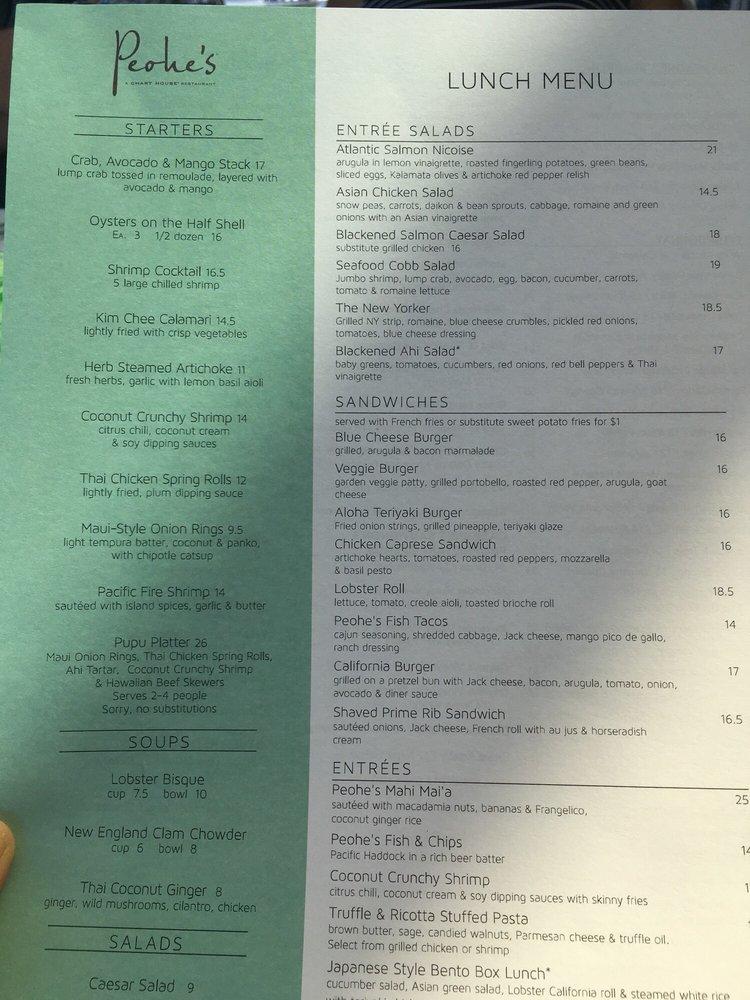 Menu at Peohe's restaurant, Coronado