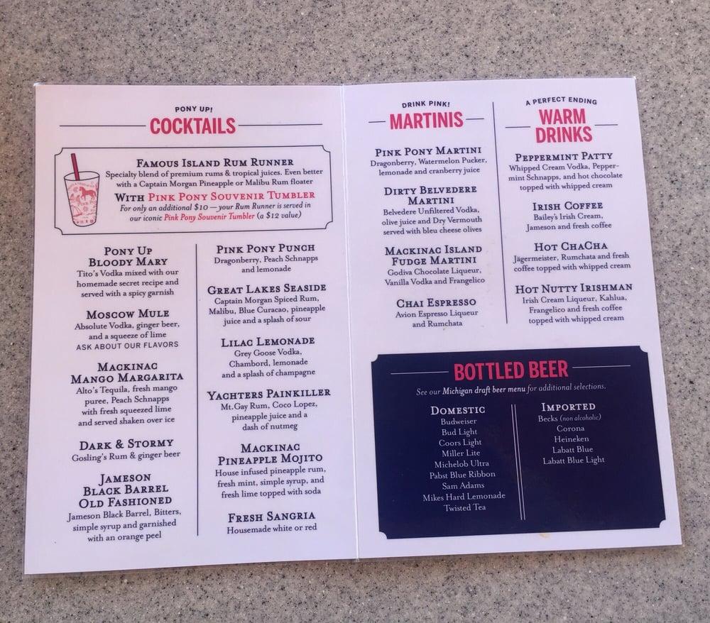 Menu at Pink Pony pub & bar, Mackinac Island