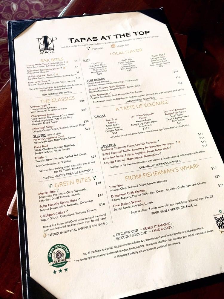 Menu at Top of the Mark pub & bar, San Francisco, 999 California St