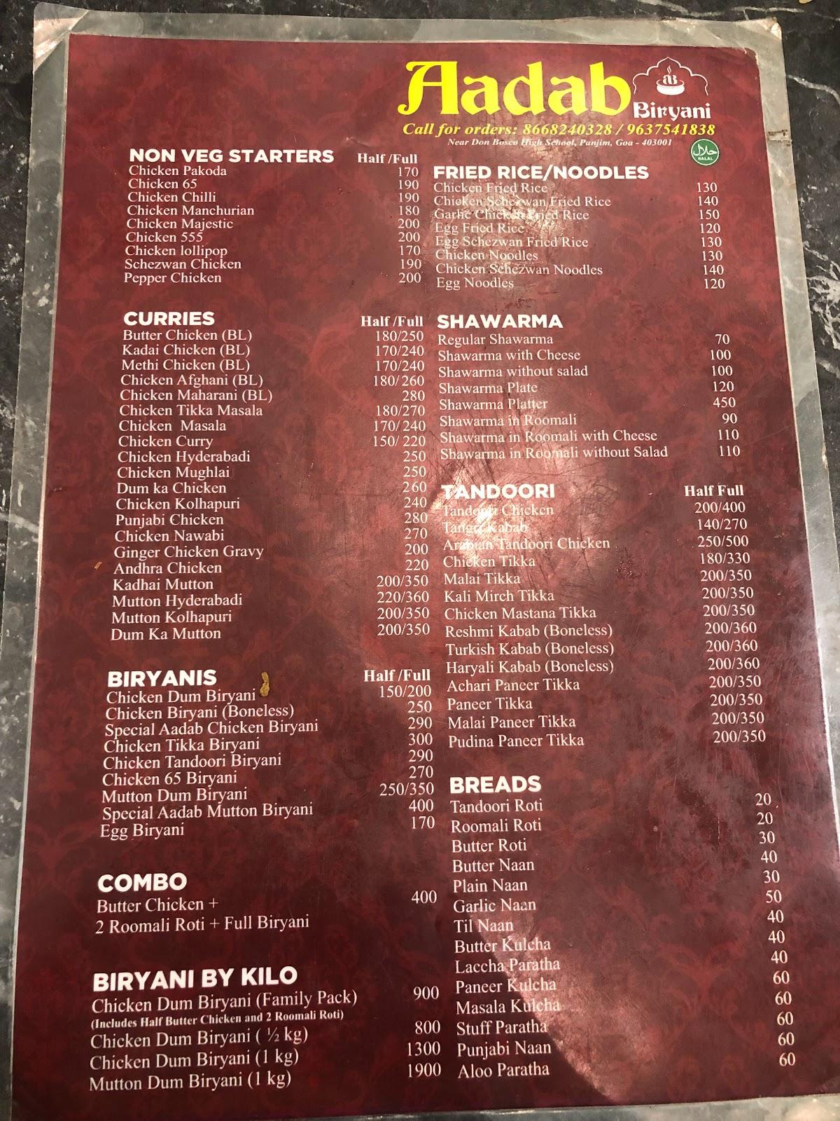 Menu at Aadab Biryani, Panaji