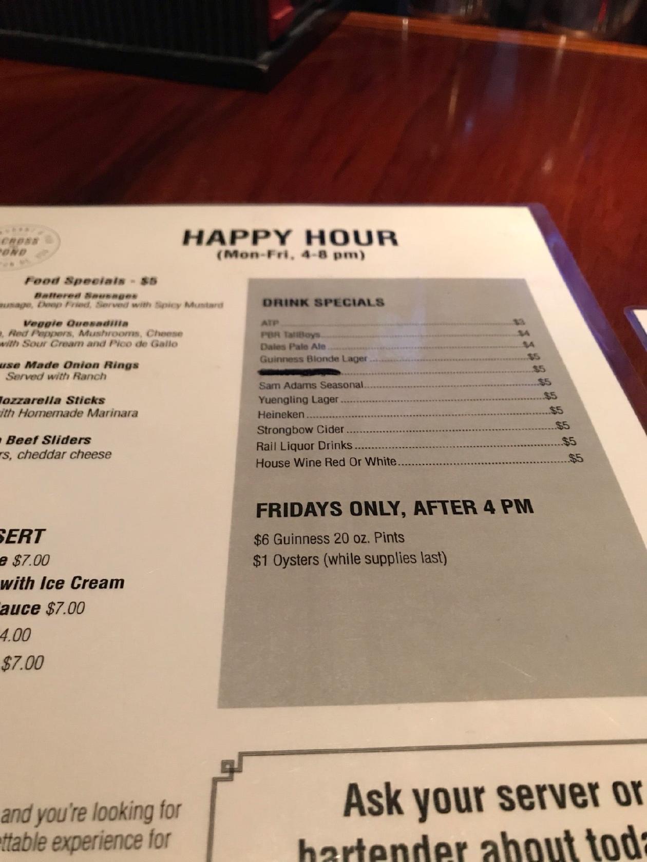 Menu at Across the Pond pub & bar, Washington