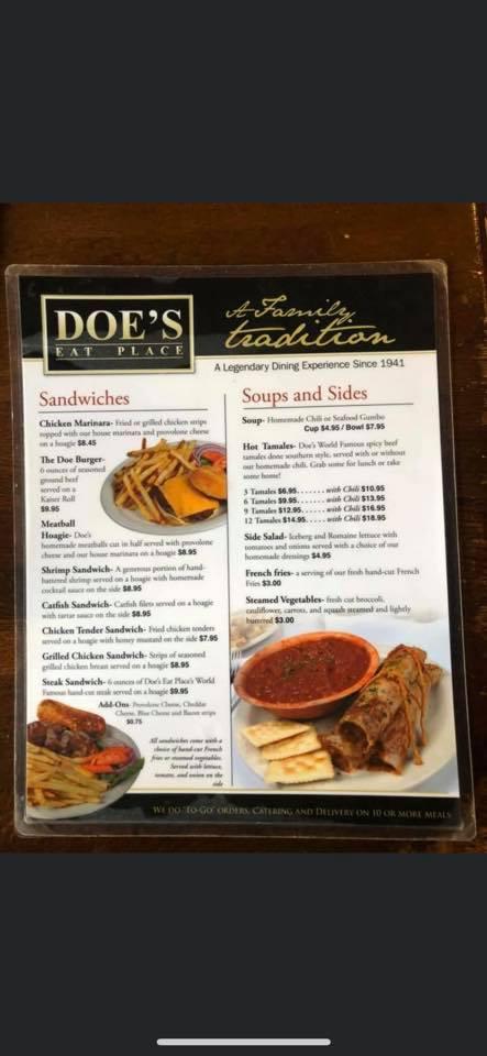 Menu at Doe's Eat Place steakhouse, Paducah