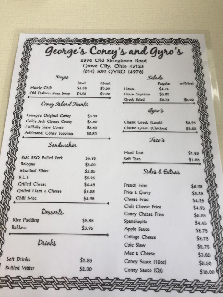 Menu at Georges Coneys and Gyros restaurant, Grove City