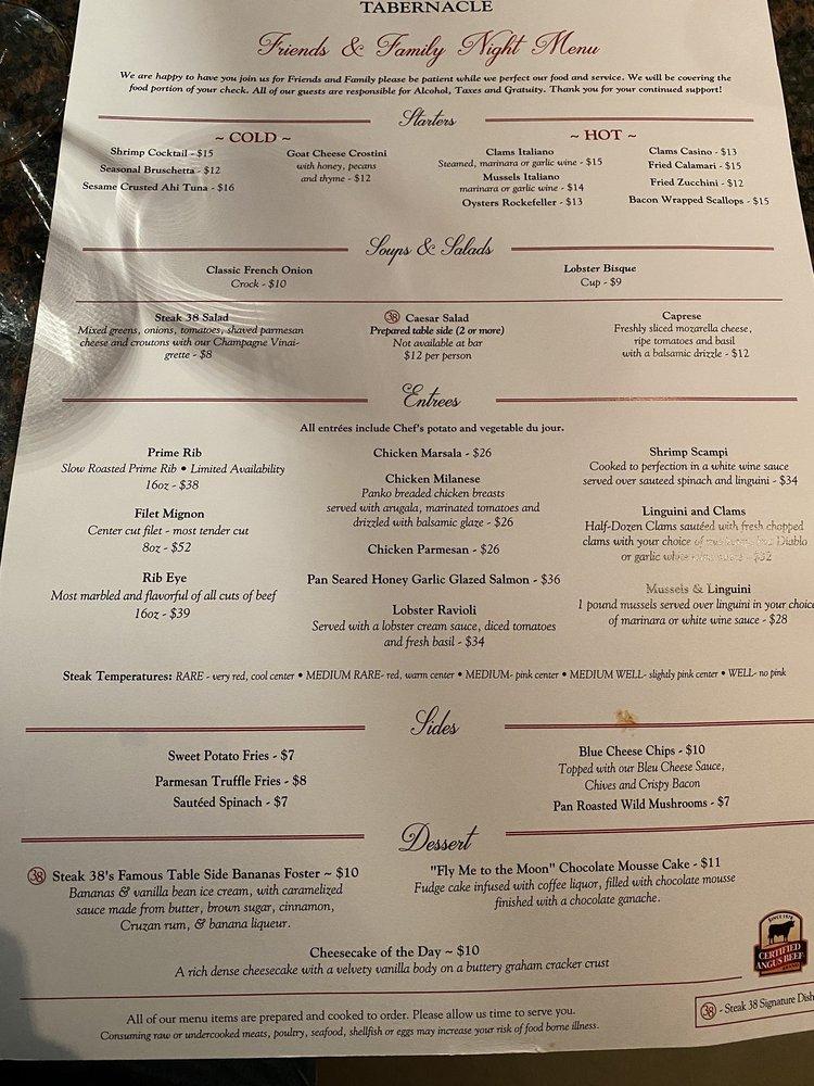 Menu at Steak 38 Tabernacle pub & bar, Tabernacle