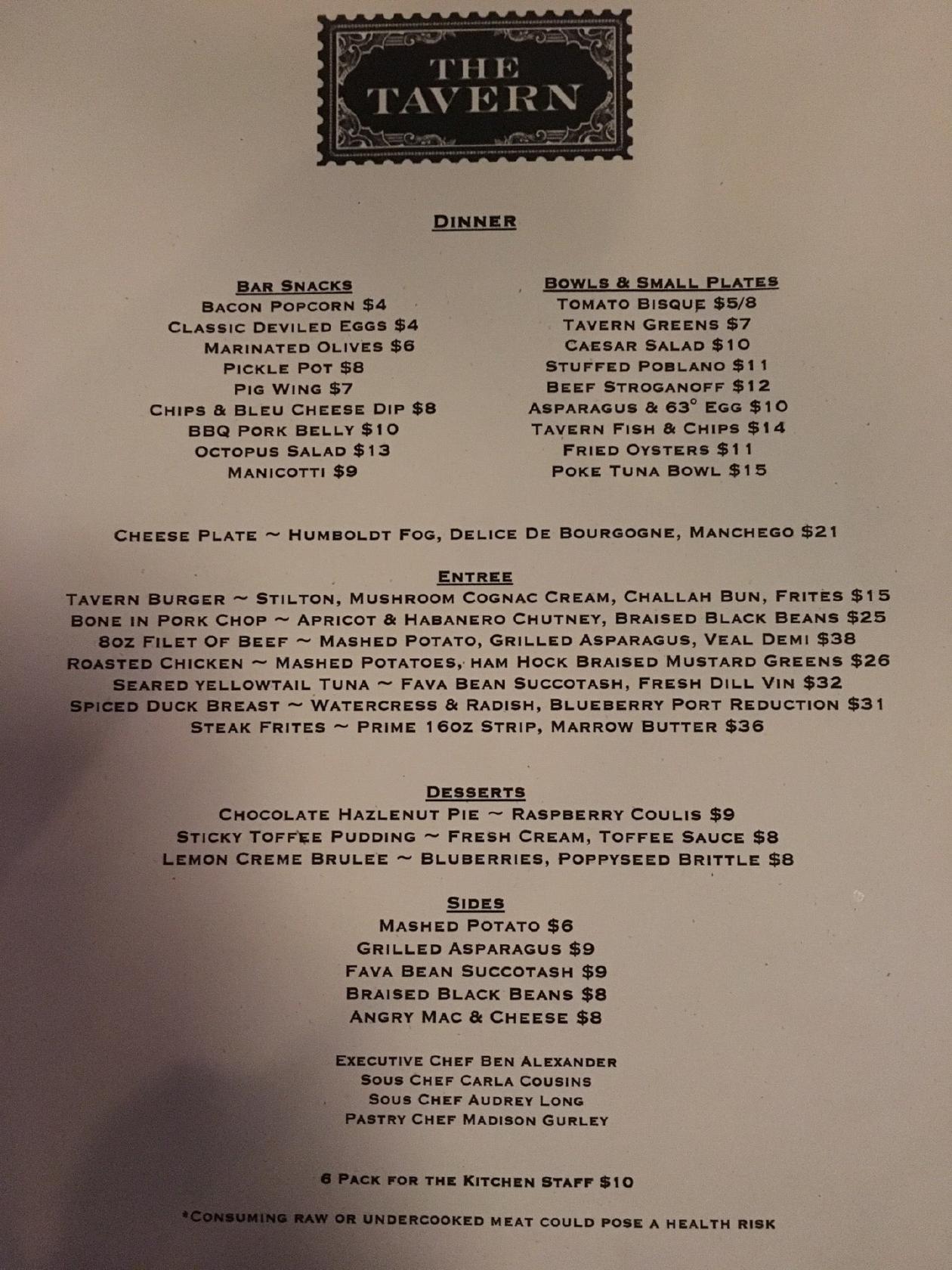 Menu at The Tavern restaurant, Tulsa