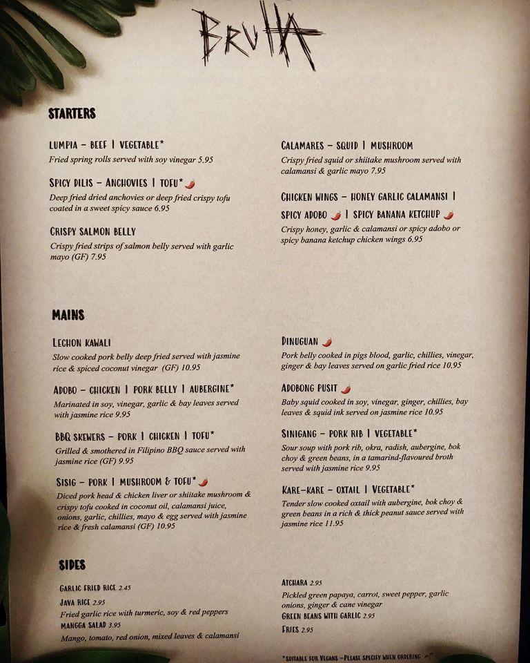 Menu at BRUHA restaurant, Brighton