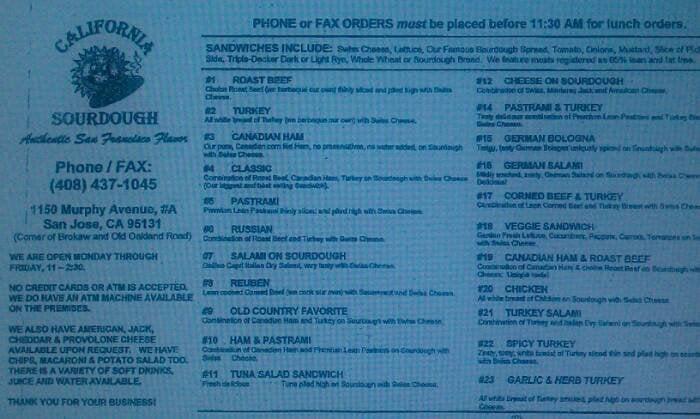 Menu at California Sourdough Eatery restaurant, San Jose