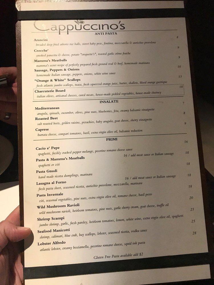Menu at Cappuccino's restaurant, Knoxville
