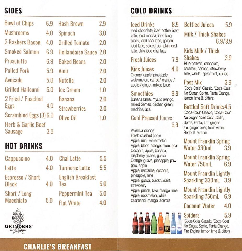 Menu at Charlie's Cafe & Bar, Surfers Paradise