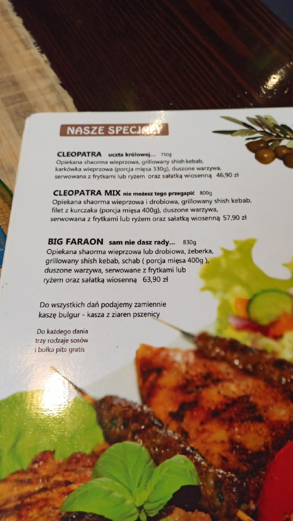Menu at Cleopatra restaurant, Wloclawek, Warszawska 17