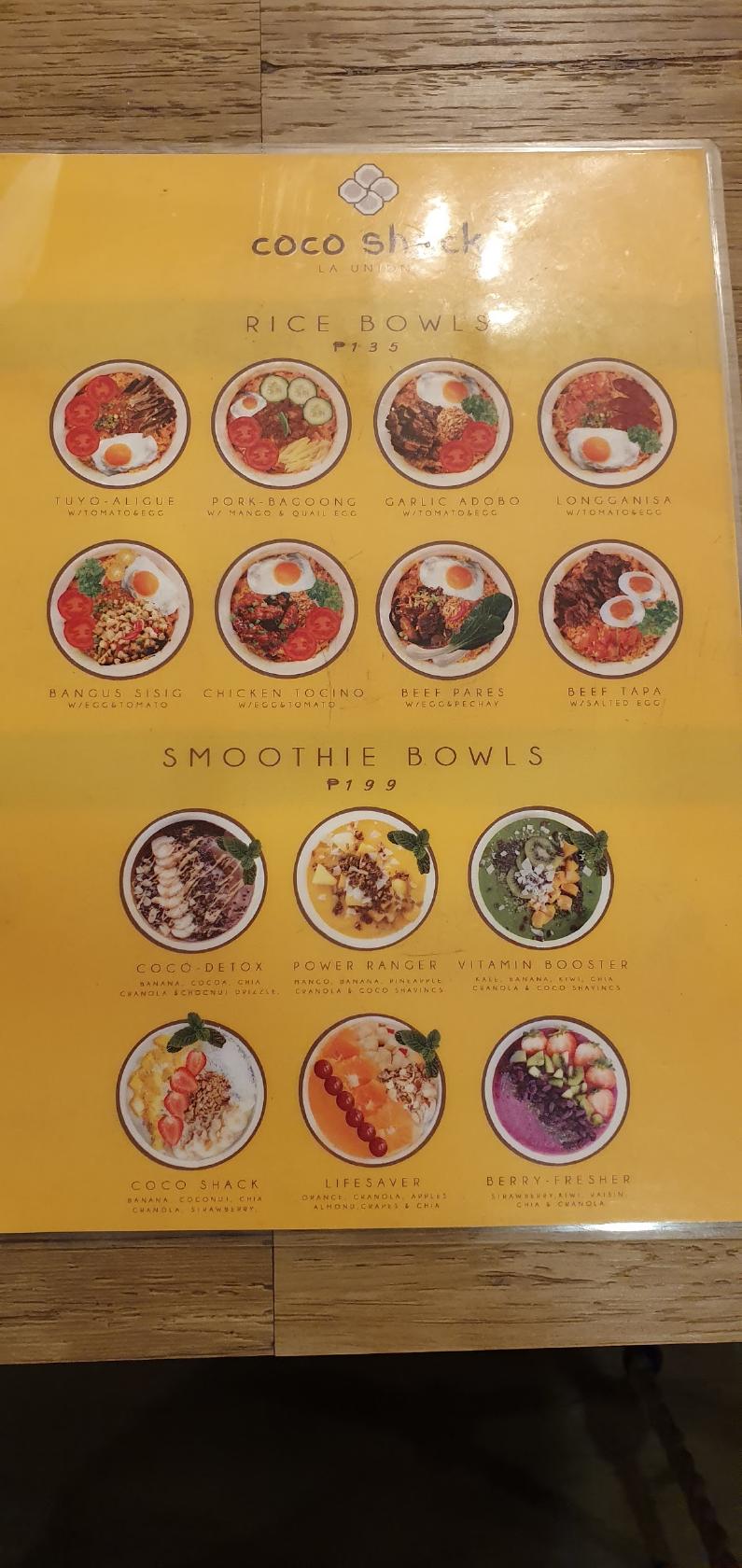 Menu at Coco shack restaurant, San Juan