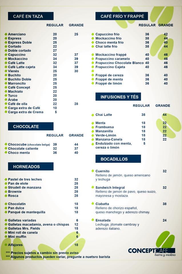 Menu at Concept Café, Ciudad López Mateos