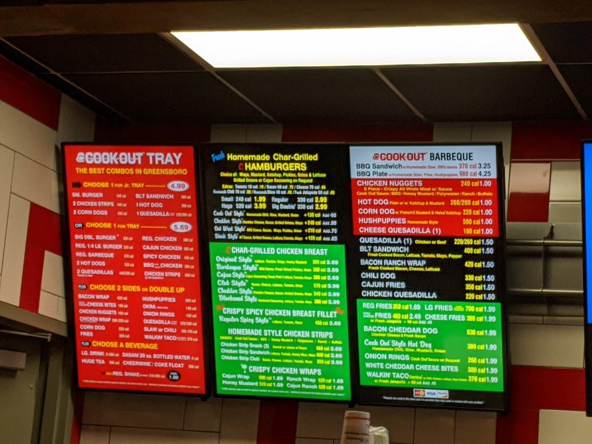 Menu at Cook Out restaurant, Greensboro, 3309 Battleground Ave