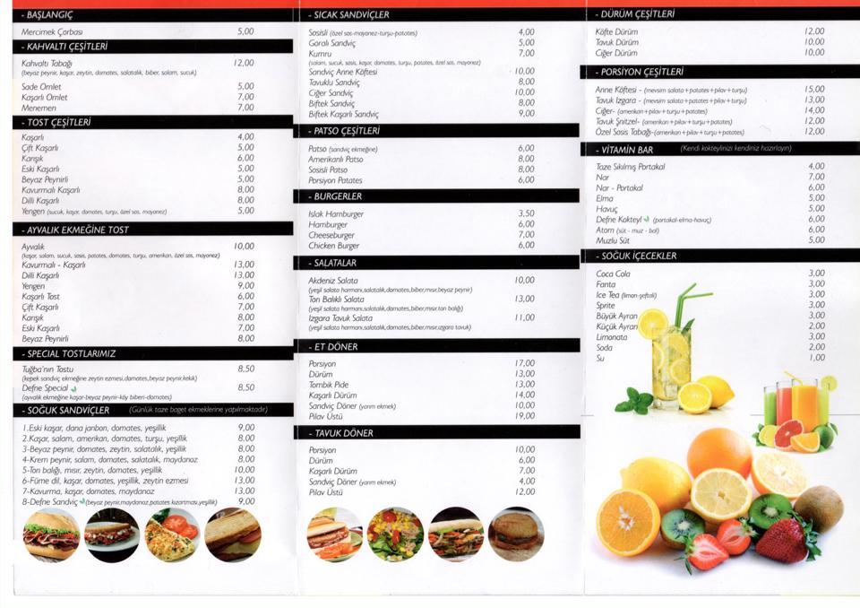 Menu at Defne Snack Bar, Istanbul, Fatih Sultan Mehmet Cd. No:32/C