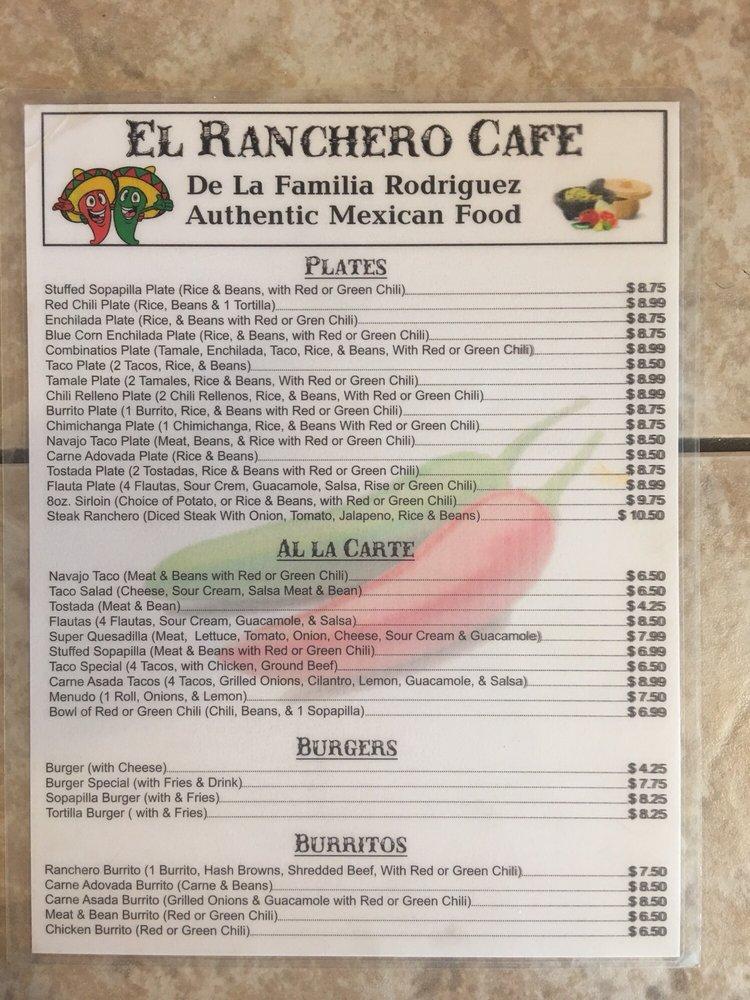 Menu at El Ranchero Cafe, Milan, 705 U.S. Rt. 66