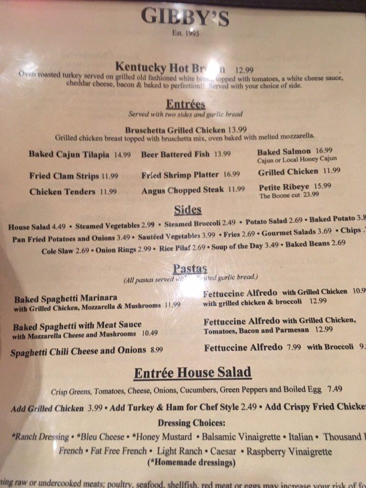 Menu at Gibby's fast food, Frankfort