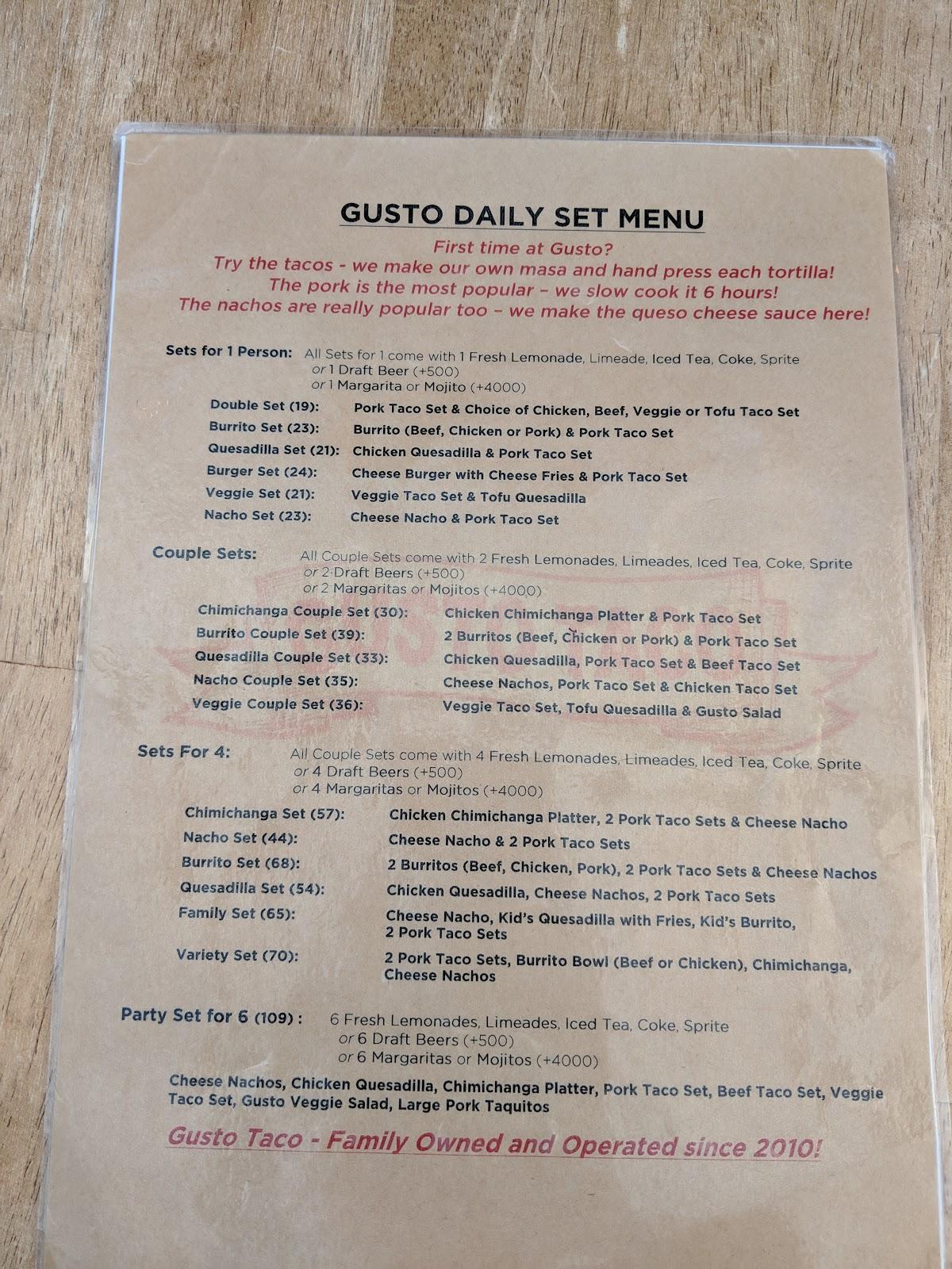 Menu at Gusto Taco restaurant, Seoul, 41 Wausan-ro
