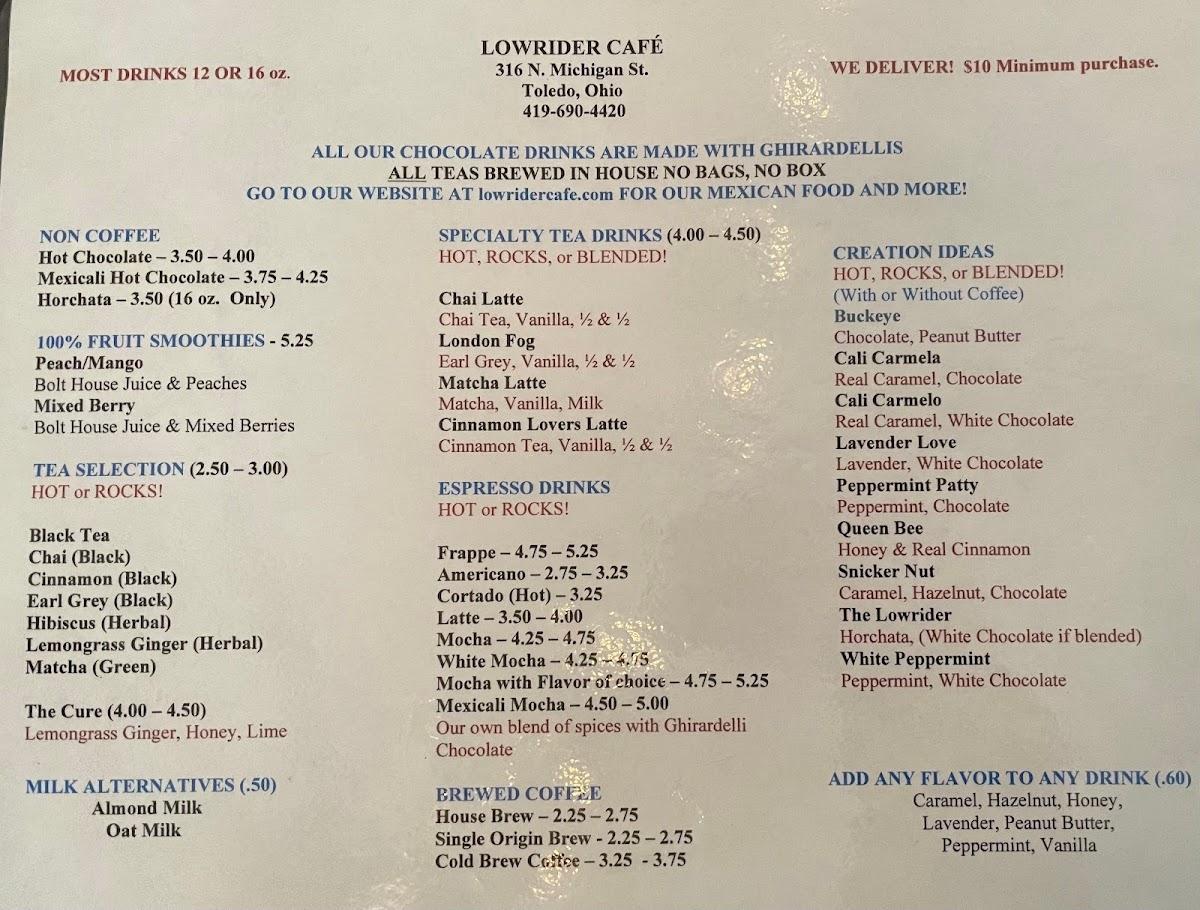 Menu at Lowrider Cafe, Toledo
