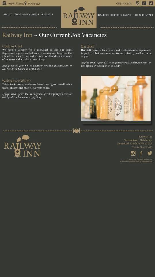 Menu at Railway Inn pub & bar, Knutsford, 2 Station Rd