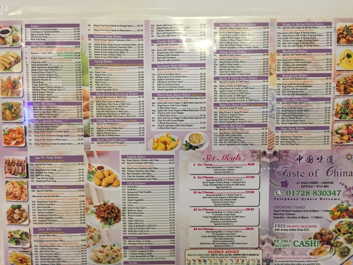 Menu at Taste of China fast food, Leiston