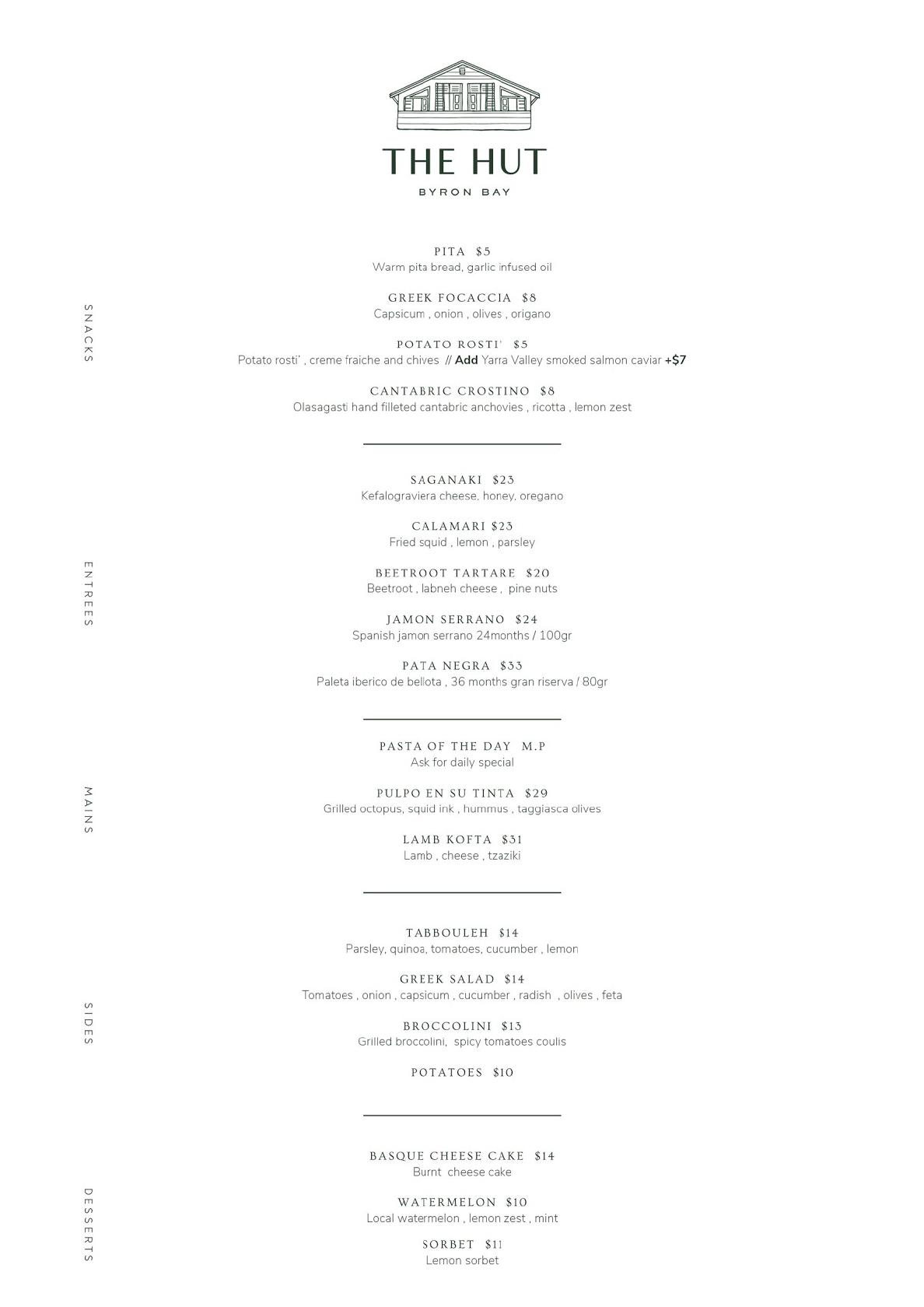 Menu at The Hut Byron Bay restaurant, Possum Creek