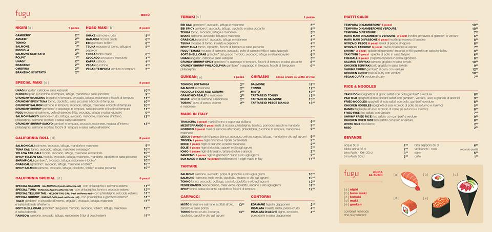 Menu at Fugu restaurant, Alba