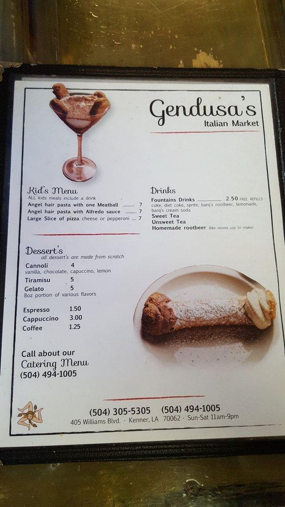 Menu at Gendusa's Italian Eatery pizzeria, Kenner