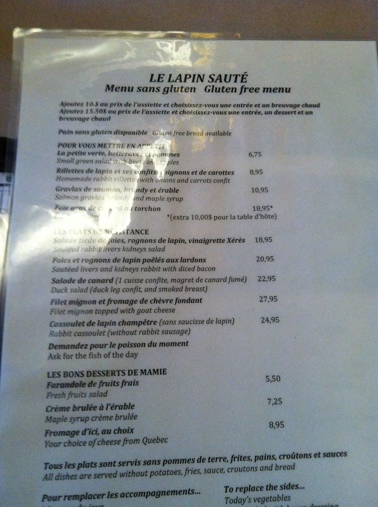 Menu au Le Lapin Sauté restaurant, Québec, 52 rue du Petit-Champlain