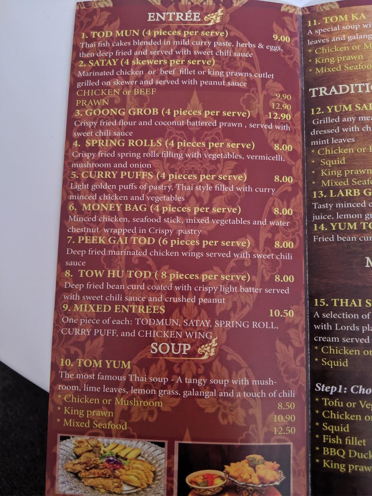 Menu at Lords Place Thai Restaurant, Orange