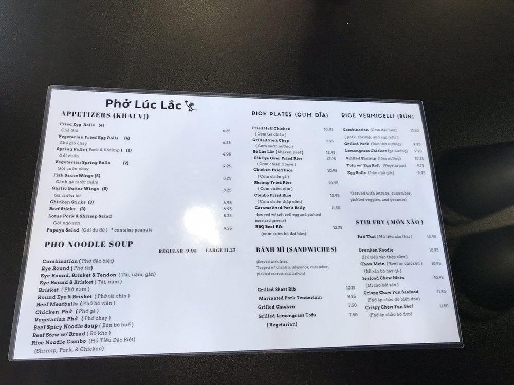 Menu at Pho Luc Lac restaurant, San Jose