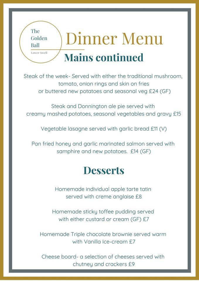 Menu at The Golden Ball Inn pub & bar, Bourton-on-the-Water