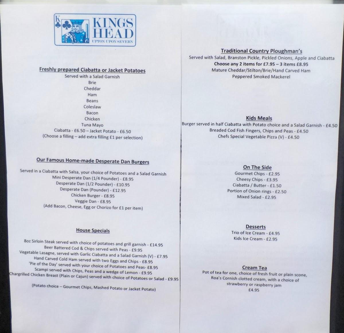 Menu at The Kings Head pub & bar, Upton upon Severn