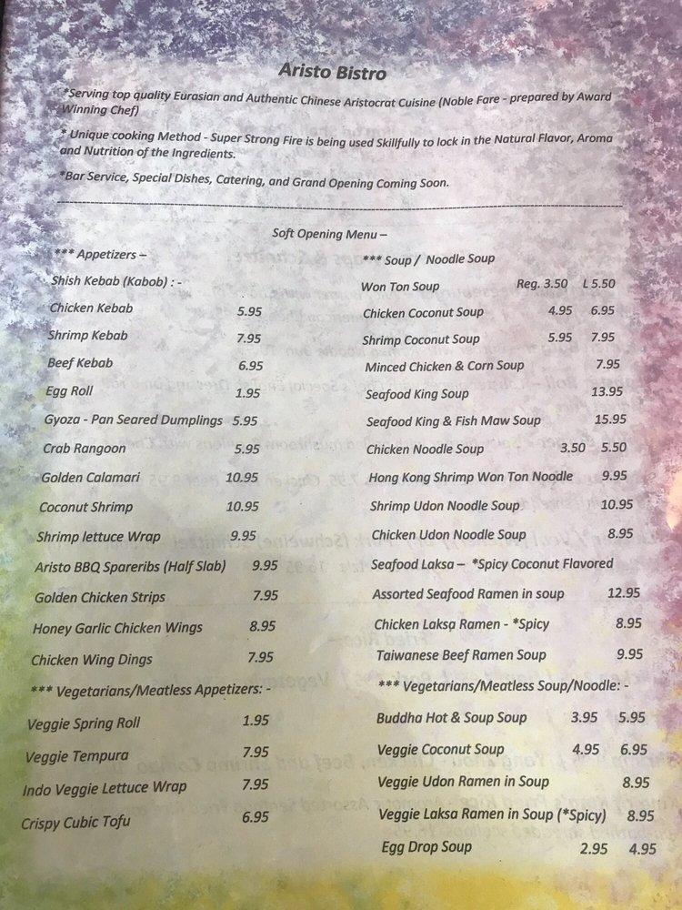 Menu at Aristo Bistro restaurant, Westlake