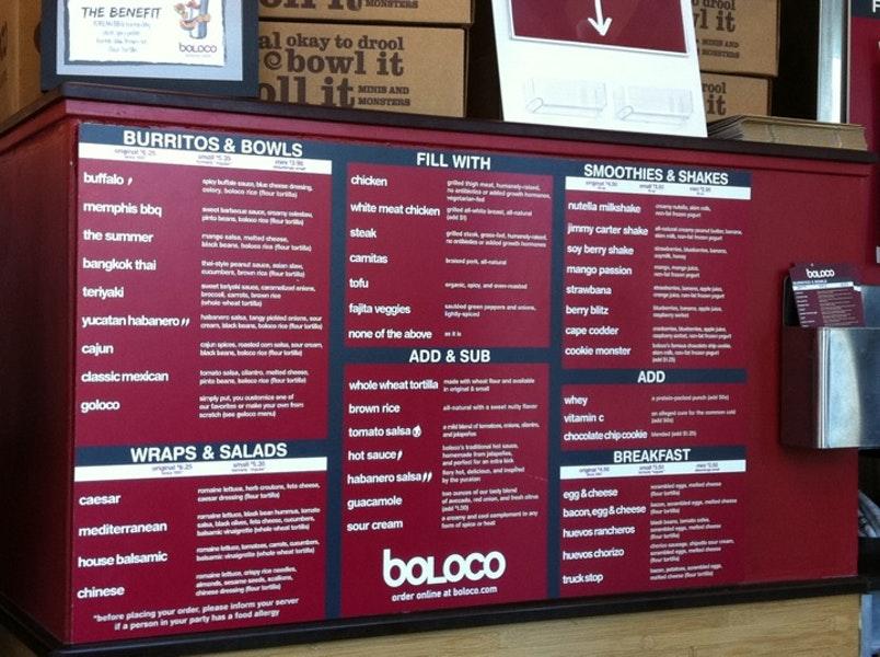 Menu at Boloco Boston Common fast food, Boston, 176 Boylston St