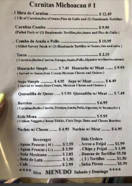 Menu at Carnitas Michoacan # 1 restaurant, San Bernardino, n N Mt ...