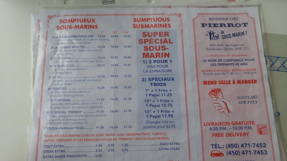 Menu au Chez Pierrot Le Roi du Sous-marin restaurant, Terrebonne