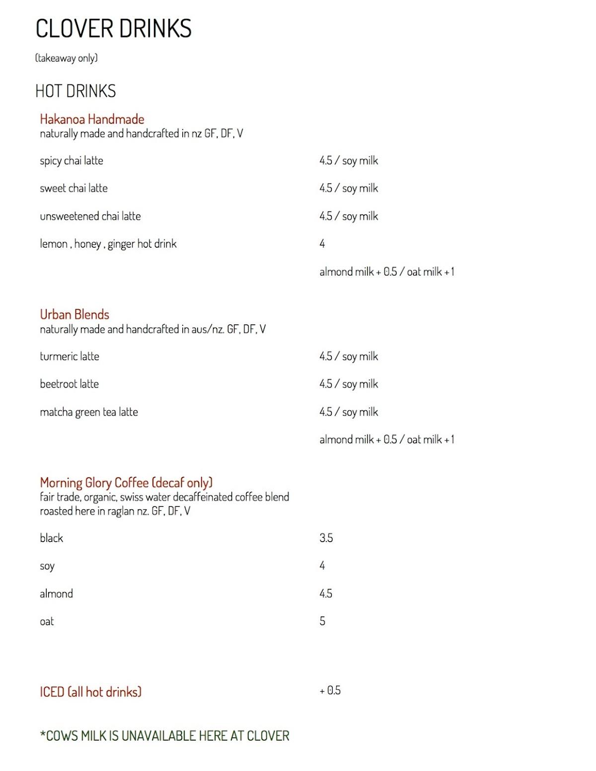 Menu at Clover restaurant, Raglan