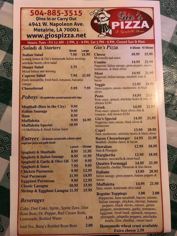 Menu at Gio's Pizza & Spaghetti House pizzeria, Metairie