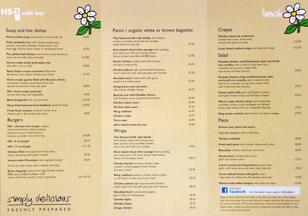 Menu at HS-1 Cafe Bar, Stornoway
