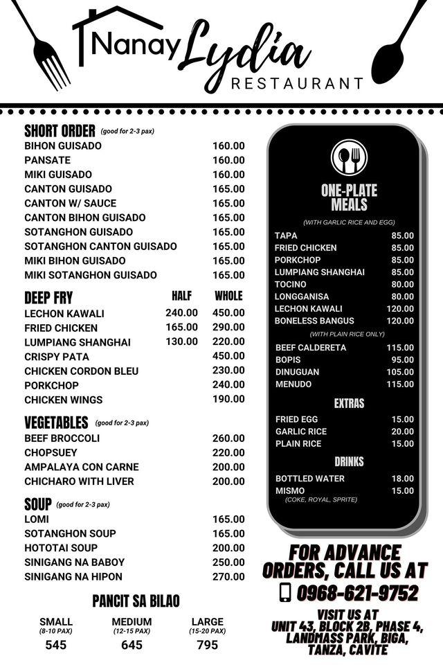 Menu at Lydia's Pancitan Atbp. restaurant, Noveleta, CVGJ+PP9