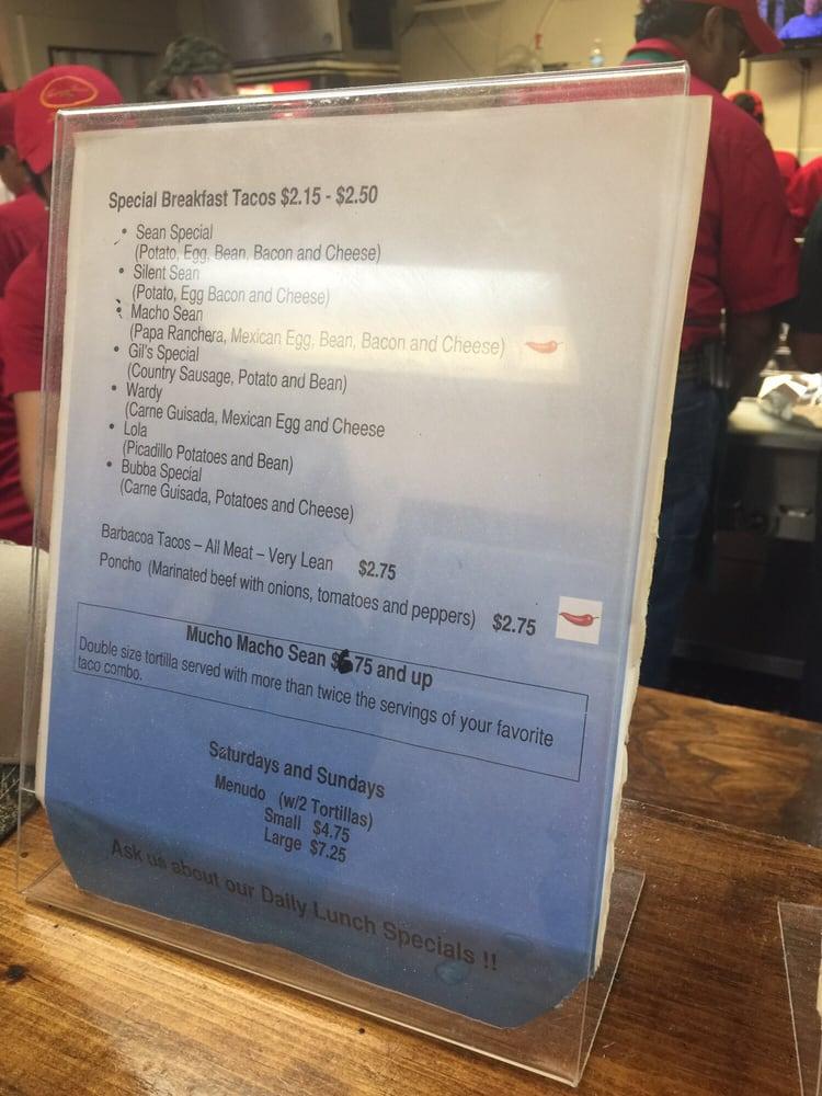 Menu at Mary's Tacos restaurant, Boerne