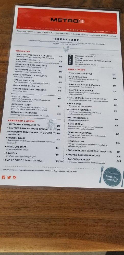 Menu at Metro Cafe, El Segundo